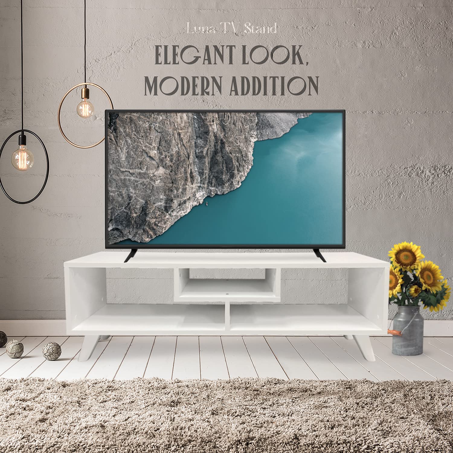 Buy Minimalist Asymmetrical White TV Media Console, Cone Shape Feet TV ...