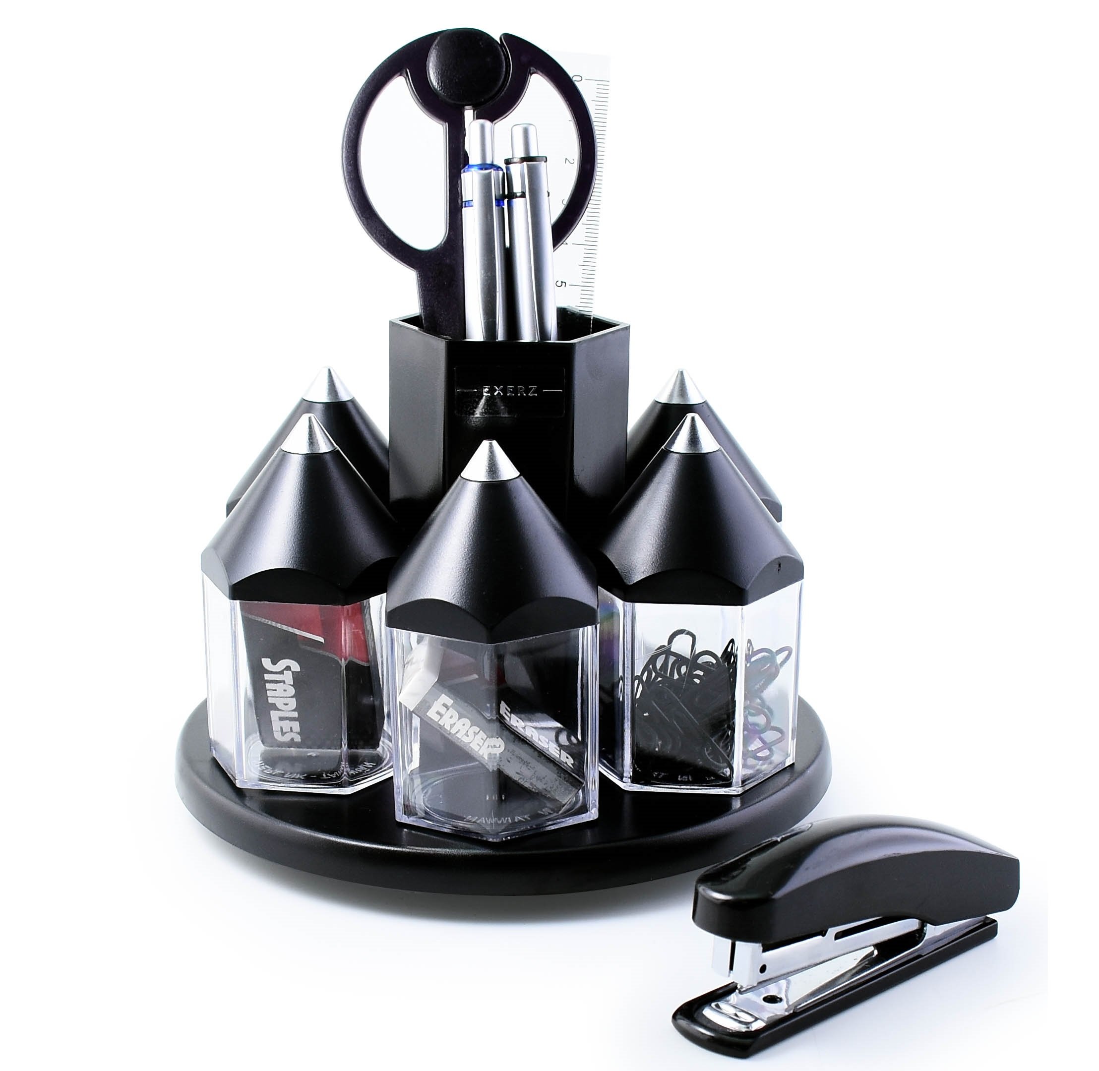Exerz Black Desk Organiser Rotating Pen Tidy With 5 Accessory ...