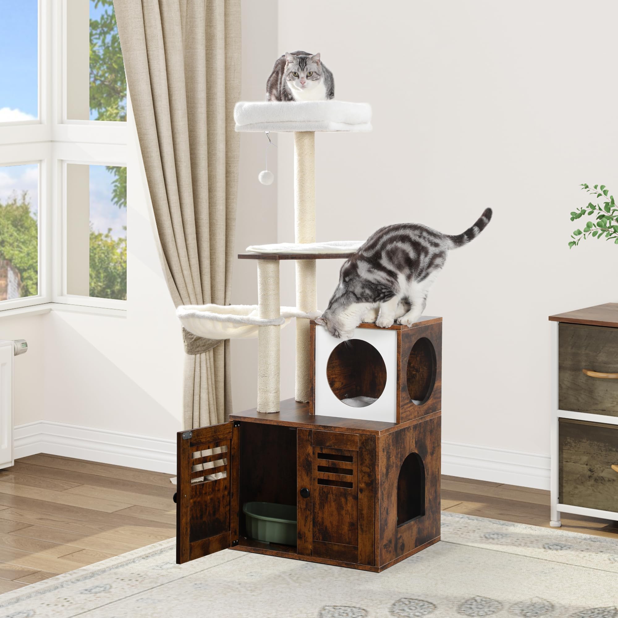 YITAHOME Cat Tree with Litter Box Cabinet, 2-in-1 Wood Cat Tower with ...