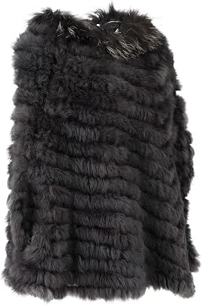 Poncho de piel de conejo natural con piel de mapache, Gris (Iron Gray ...