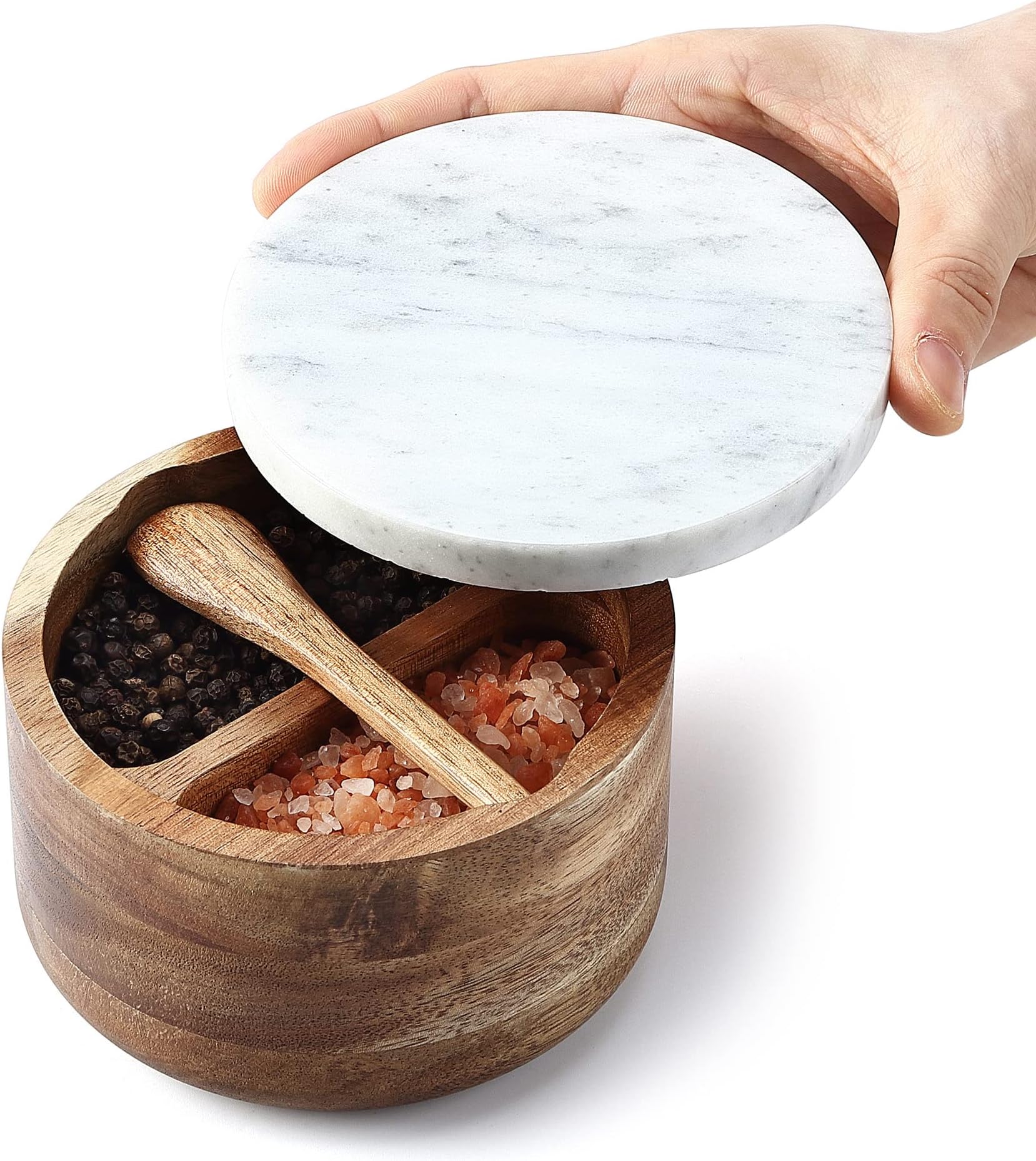 8SOM Acacia Salt and Pepper Box with Marble Lid and Embedded Spoon ...