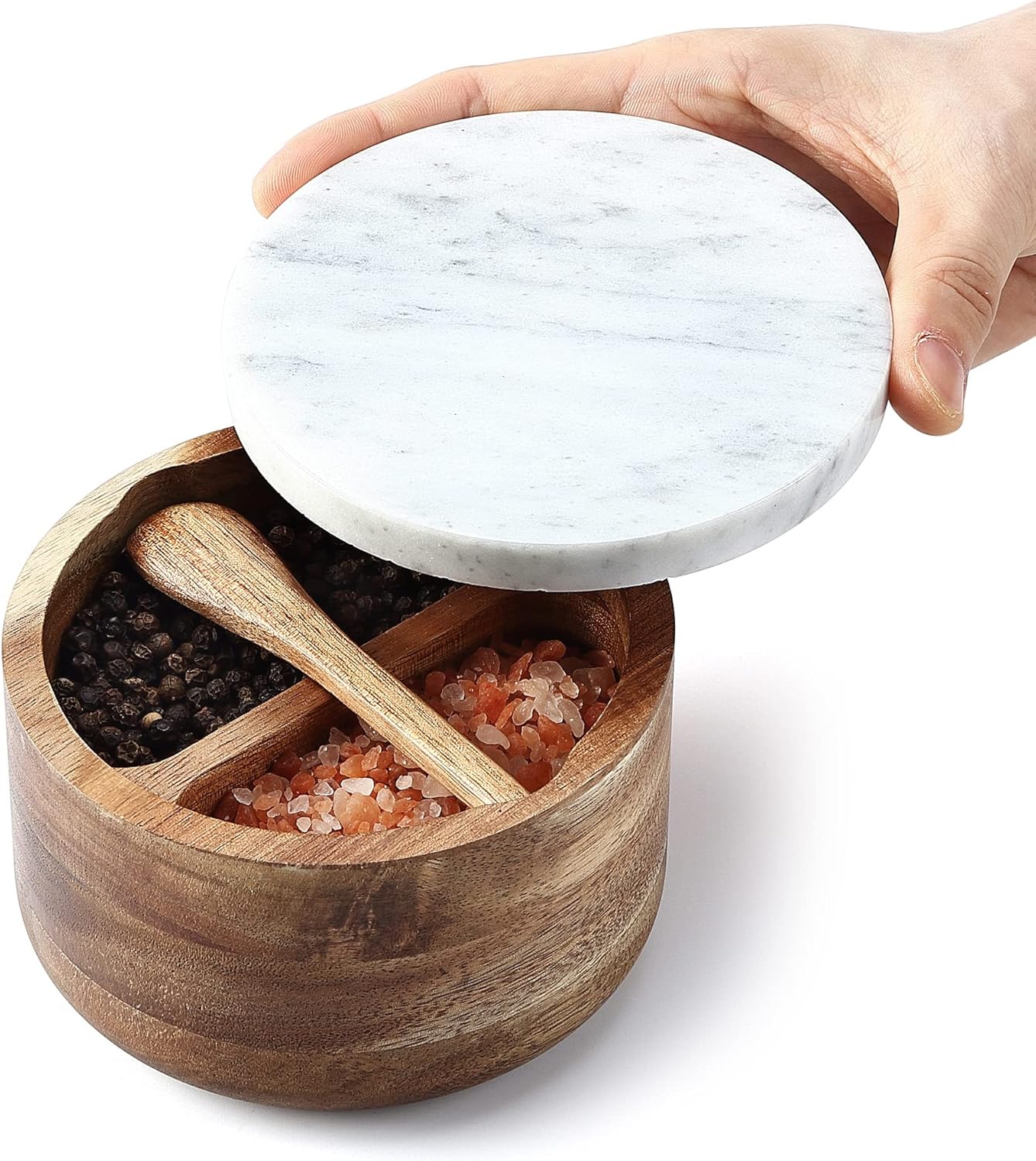8SOM Acacia Salt and Pepper Box with Marble Lid and Embedded Spoon ...