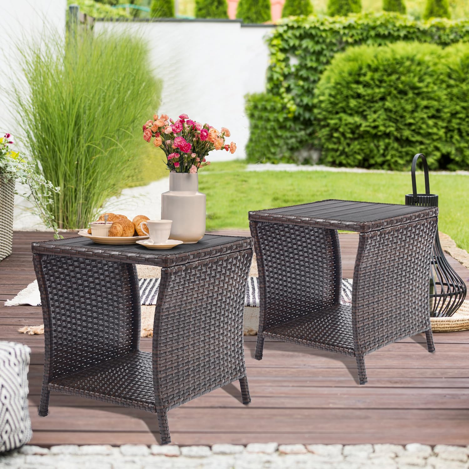 Amazon.com: Outdoor Patio Side Table Set of 2 Small Brown Wicker Rattan ...
