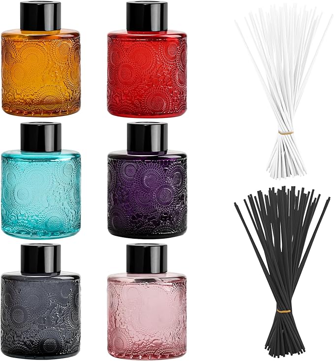 GiReich Set of 6 Coloured Glass Diffuser Bottles with Fragrance Stick ...