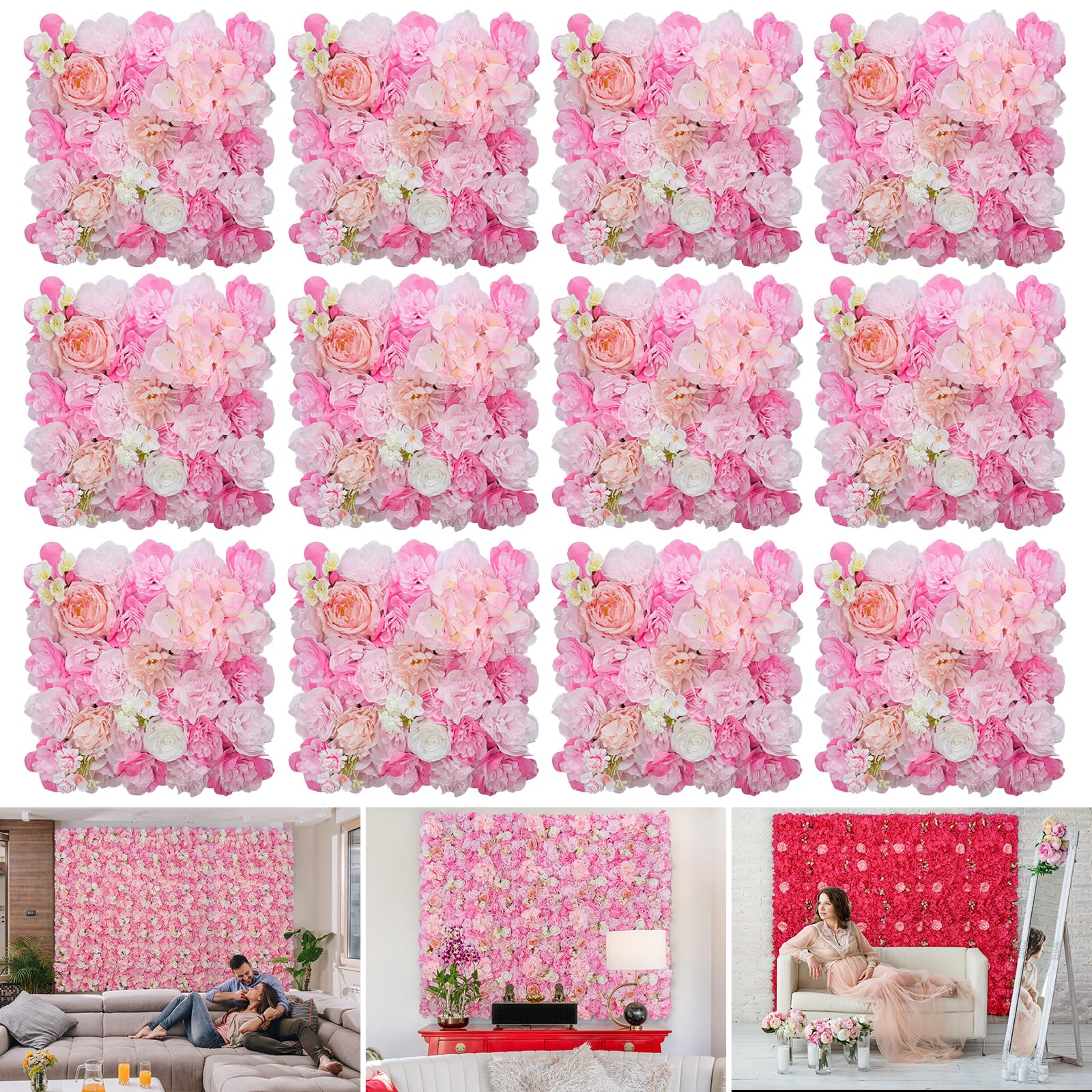 Silk Floral Panels for Wall Backdrop -12Pack Artificial Flower Peony ...