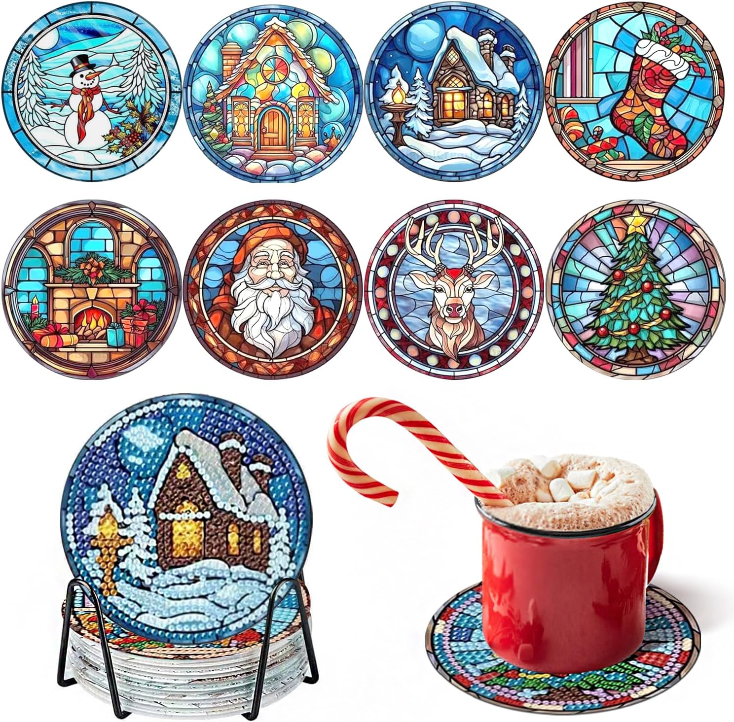 8Pcs Diamond Coasters Kits Christmas Drink Coasters Set of 8 DIY ...