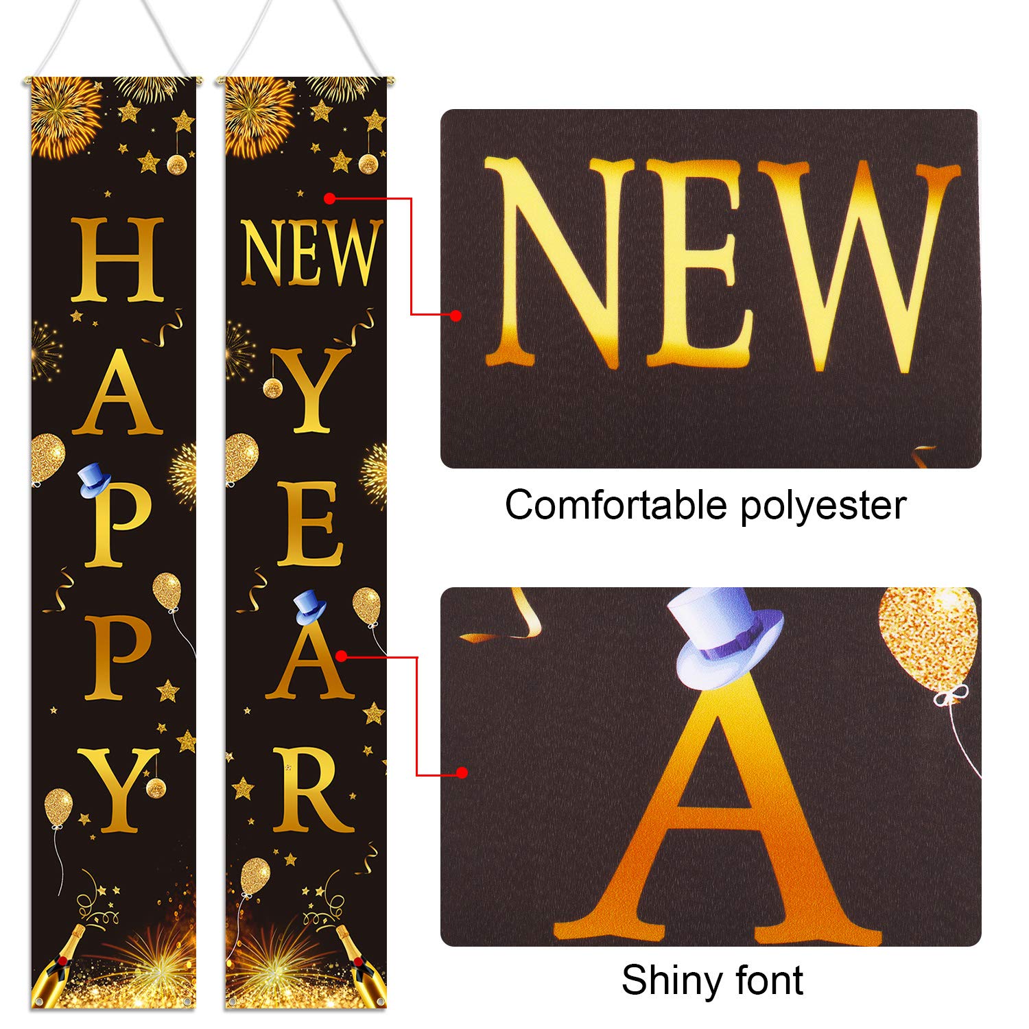 HOWAF Happy New Year Door Banners Black Gold New Year Door Porch Sign ...