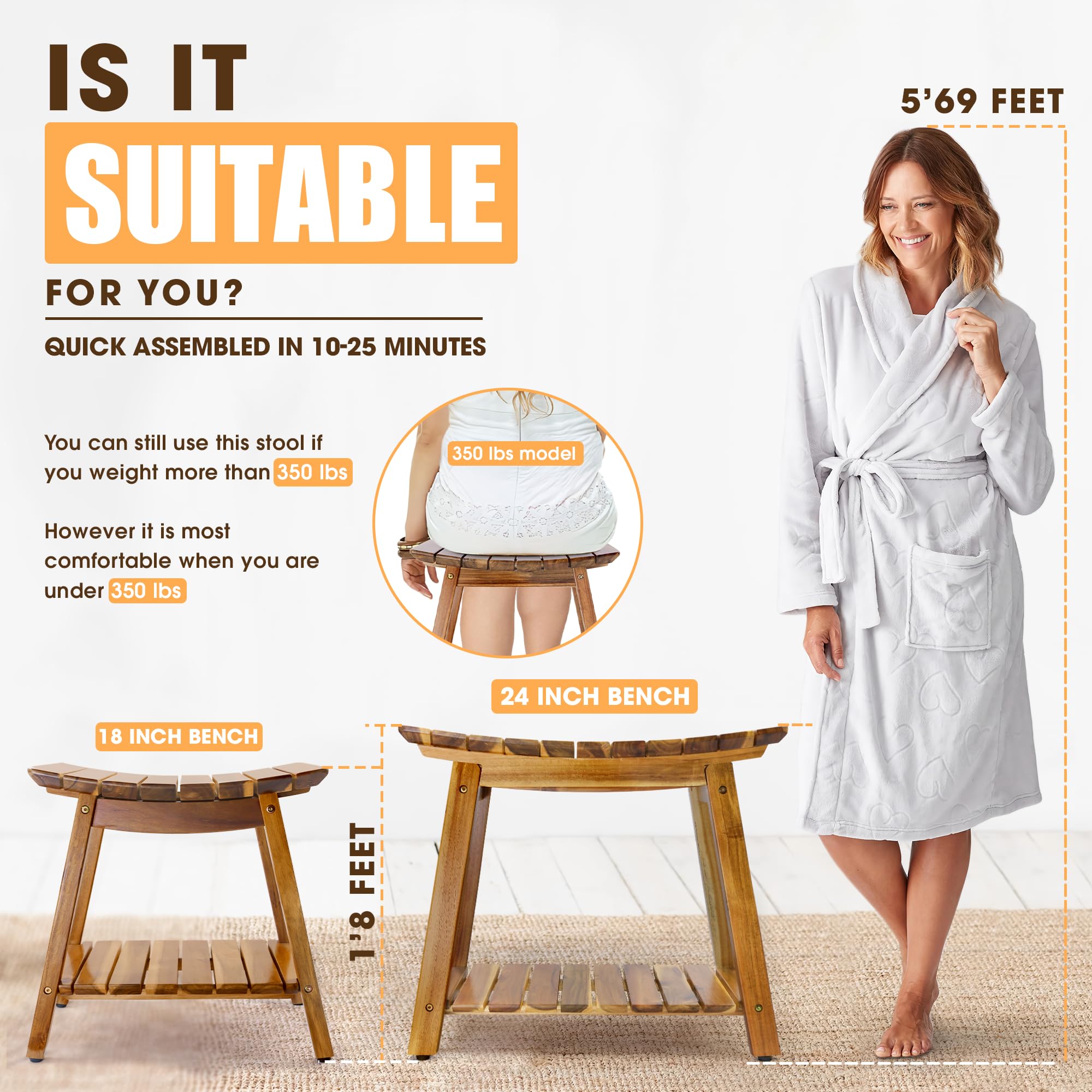Snapklik.com : Acacia Shower Stool Bench For Inside Shower And Bath