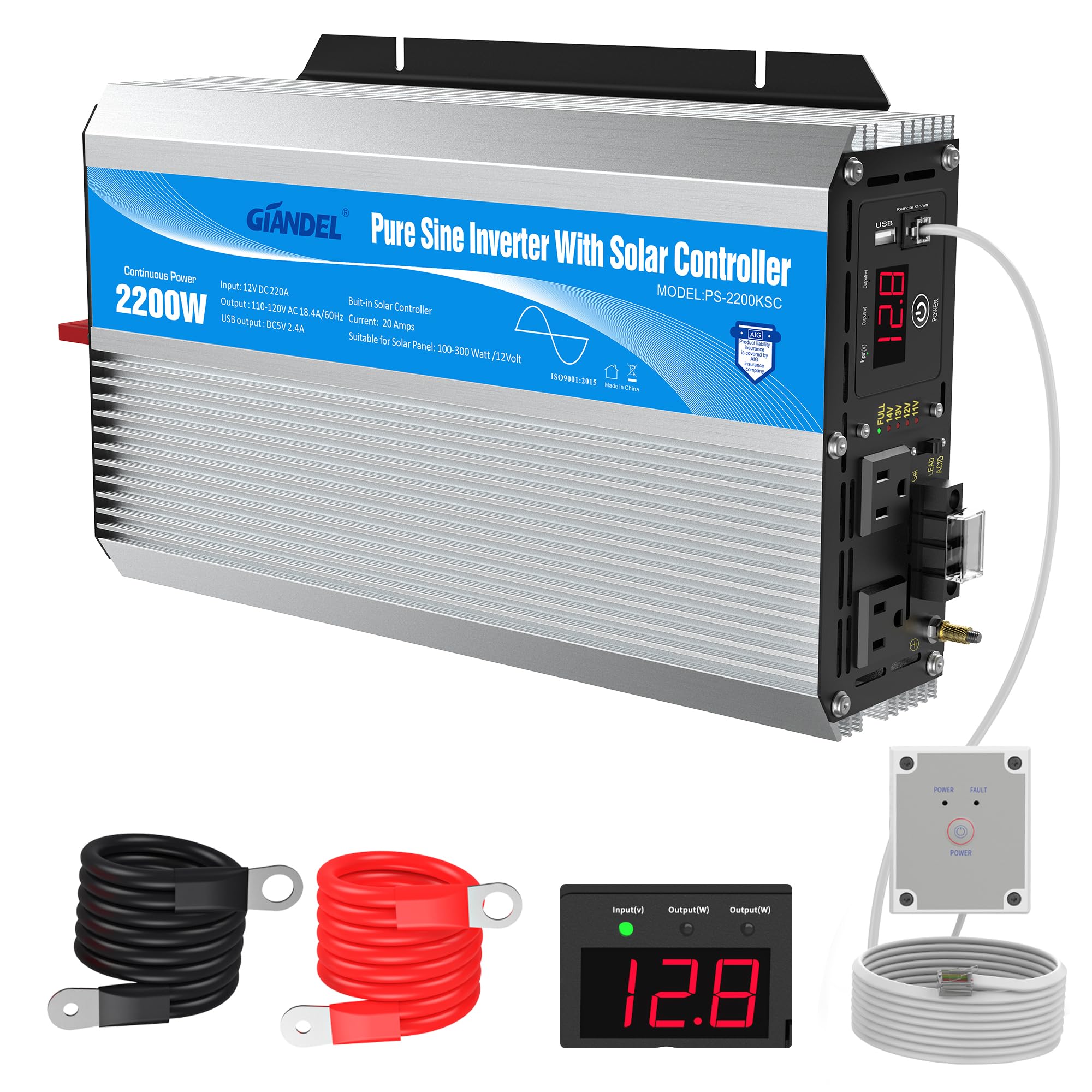 GIANDEL 2200W Pure Sine Wave Power Inverter 12V DC to 110V 120V AC with ...