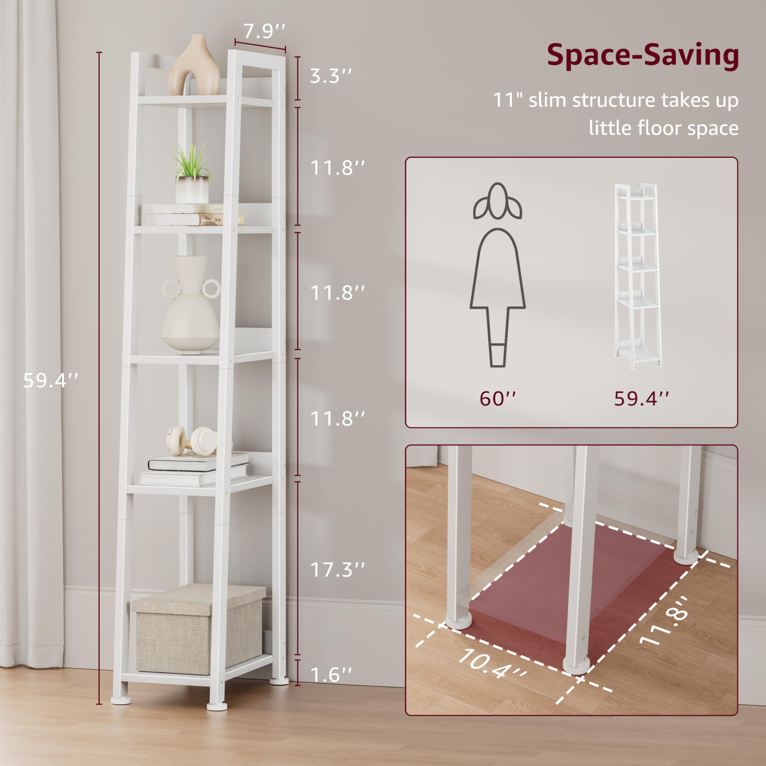 Snapklik.com : KLUVIS Narrow Ladder Shelf For Small Spaces - 5 Tier ...