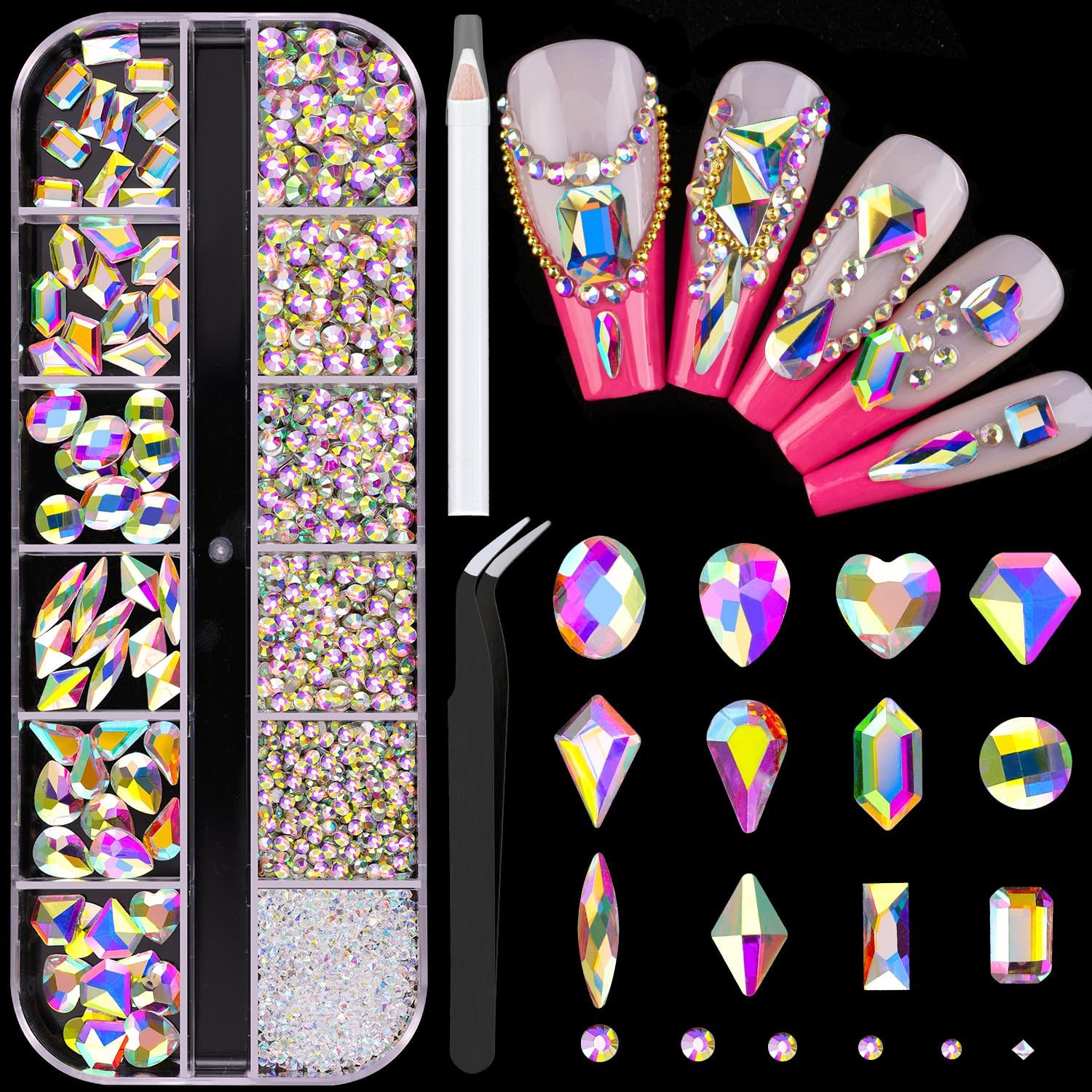 Amazon.com: 2060Pcs AB Glass Nail Rhinestones 60Pcs Multi Shapes ...