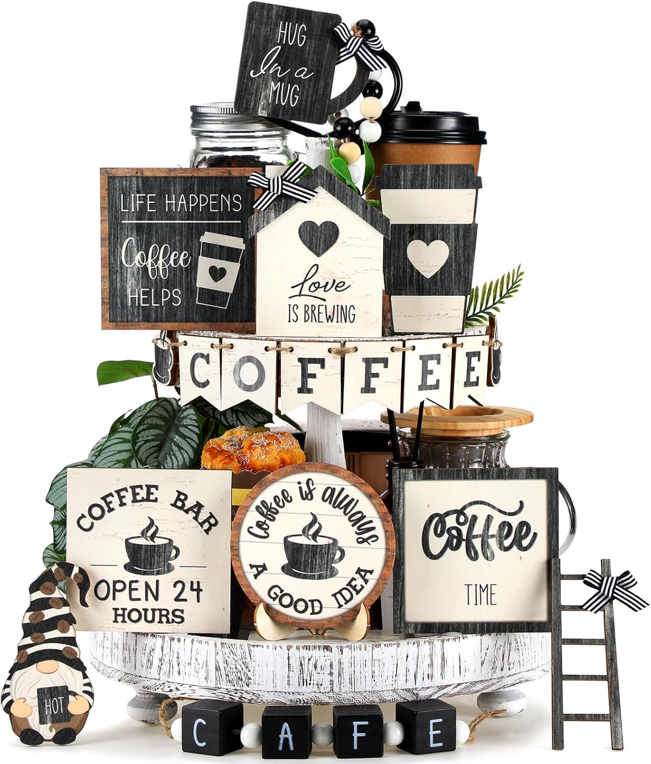 Amazon.com: Mifoci 17 Pcs Coffee Tiered Tray Decorations Wooden Coffee ...