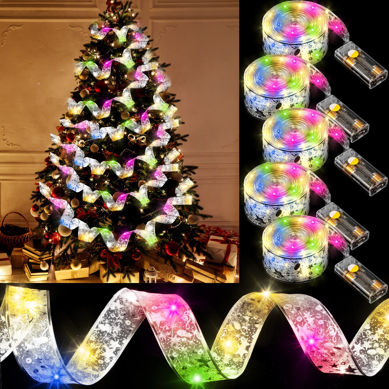 Amazon.com: Tuanse 5 Piece 82FT Christmas Ribbon Lights 250 LED Glow ...