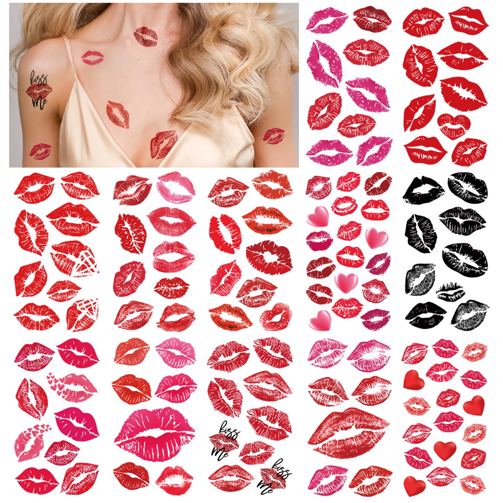 Amazon.com : 12 Sheets Red Kiss Temporary Tattoo Stickers, Red Lip ...