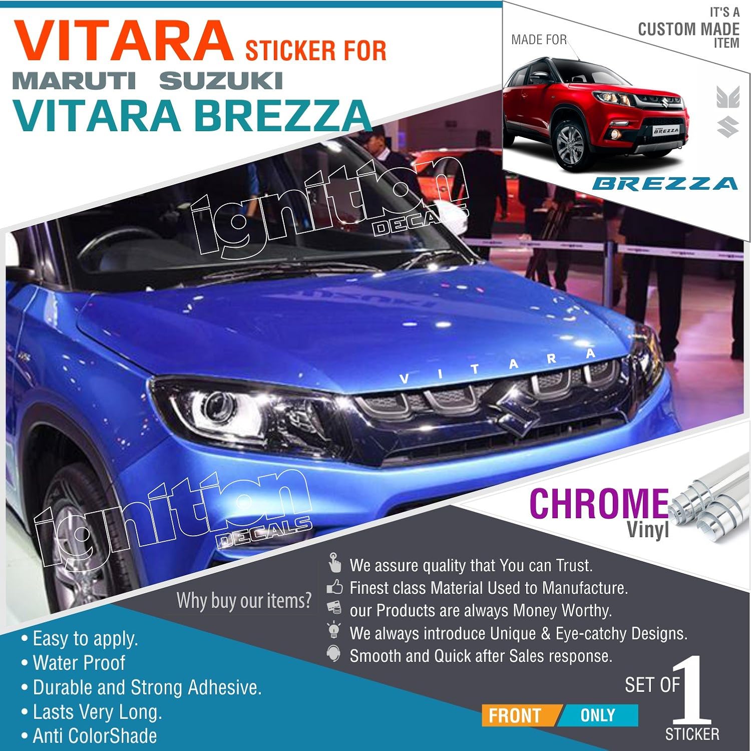 CarMetics Vitara Decal for Maruti Suzuki Brezza Chrome Vinyl, Silver ...
