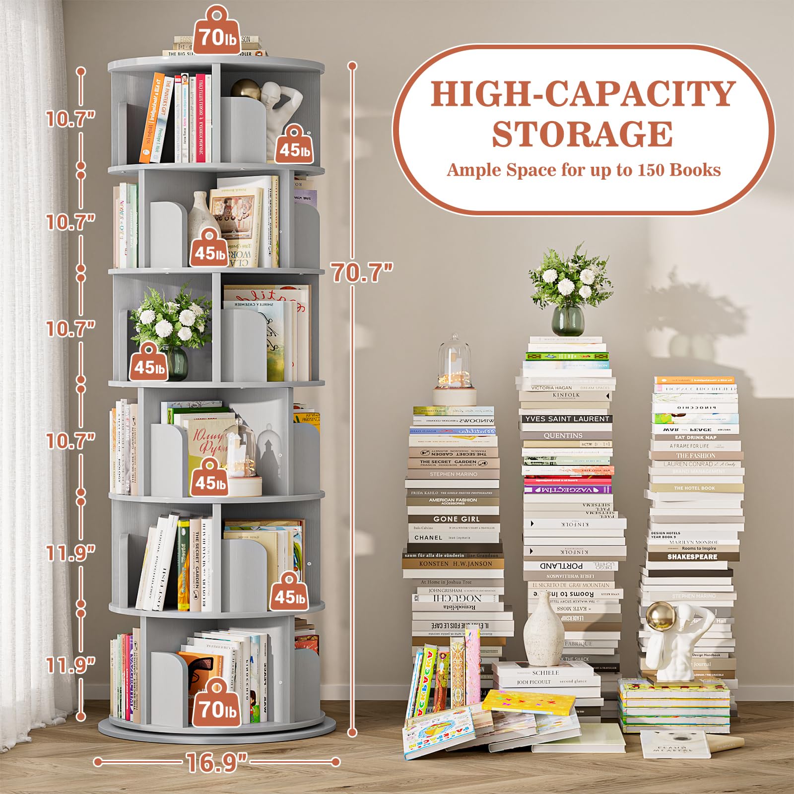 Snapklik.com : 6 Tier Rotating Bookshelf, Wood Spinning Bookshelf Tower ...