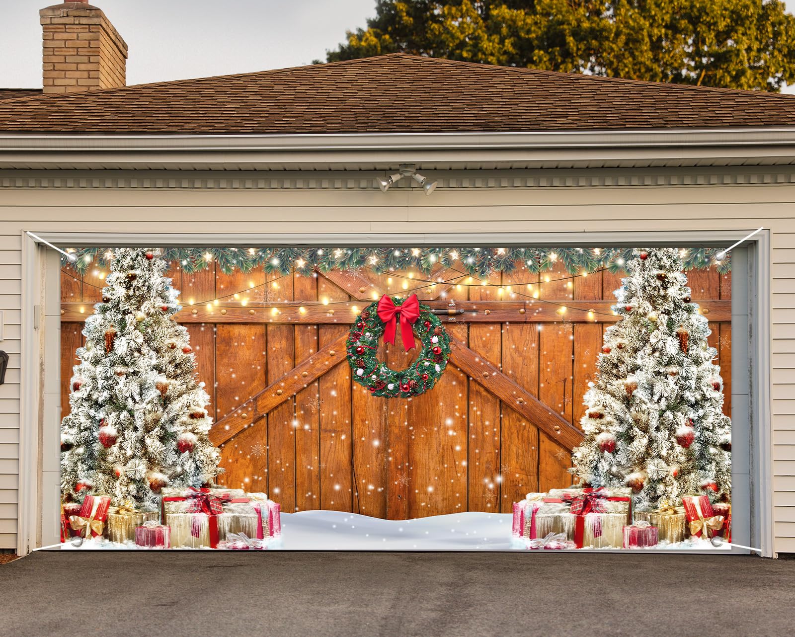 Amazon.com: Whaline Rustic Christmas Garage Door Cover 7 x 16 Ft Wood ...