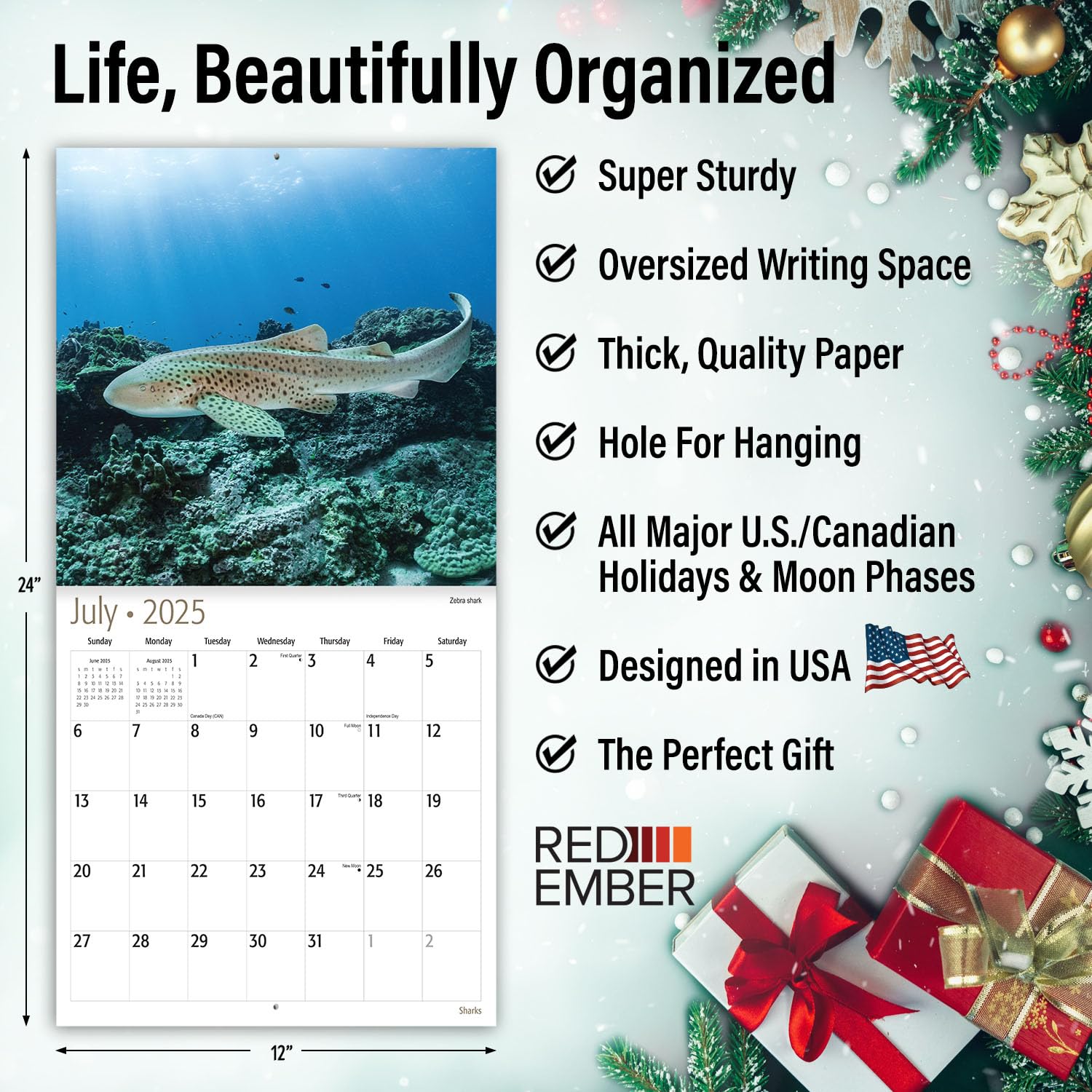 Snapklik.com : Sharks 2025 Wall Calendar 12 Month 12" X 24" Open Thick ...