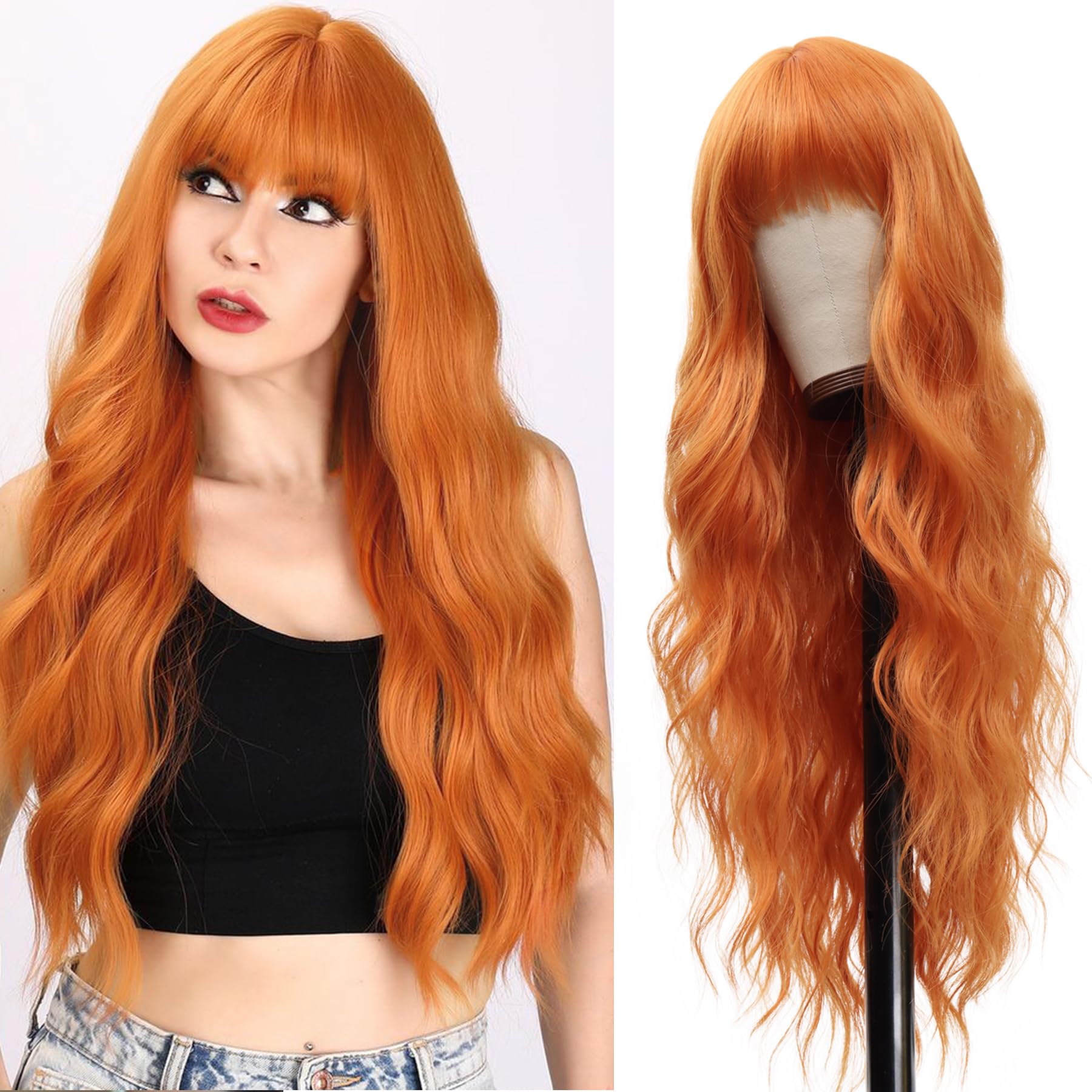 Amazon.com : Vomella Orange Wig With Bangs 26 Inch Long Curly Wavy Wig ...