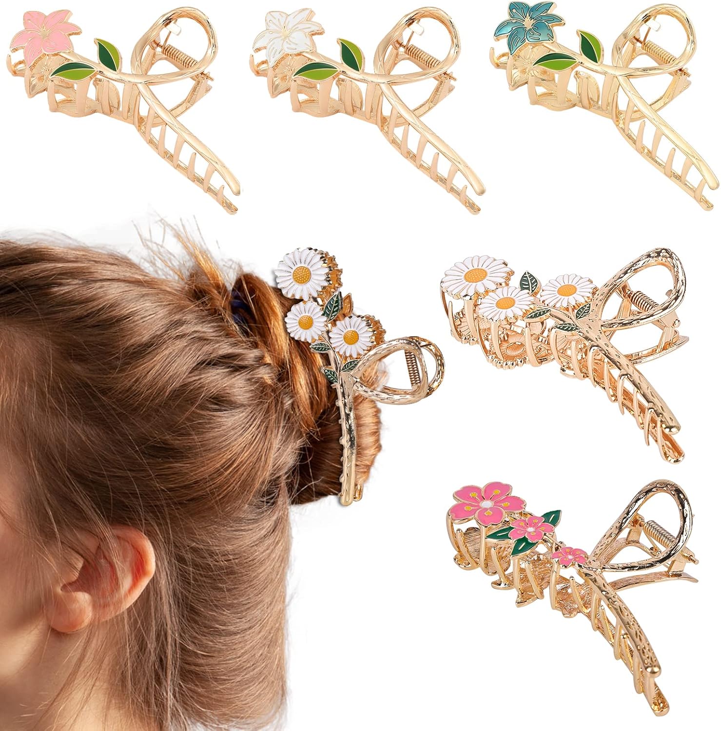 MEGYAD Lily Hair Clip Clip: 5 Pack Large Hair Claw Clips, Lily Hair Clip Metal, Non-Slip Hair ...