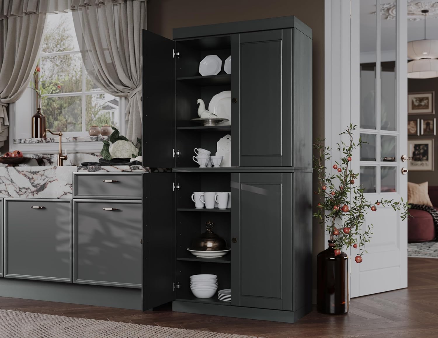 Amazon.com: Palace Imports 100% Solid Wood Kitchen Pantry Cabinet, Gray ...