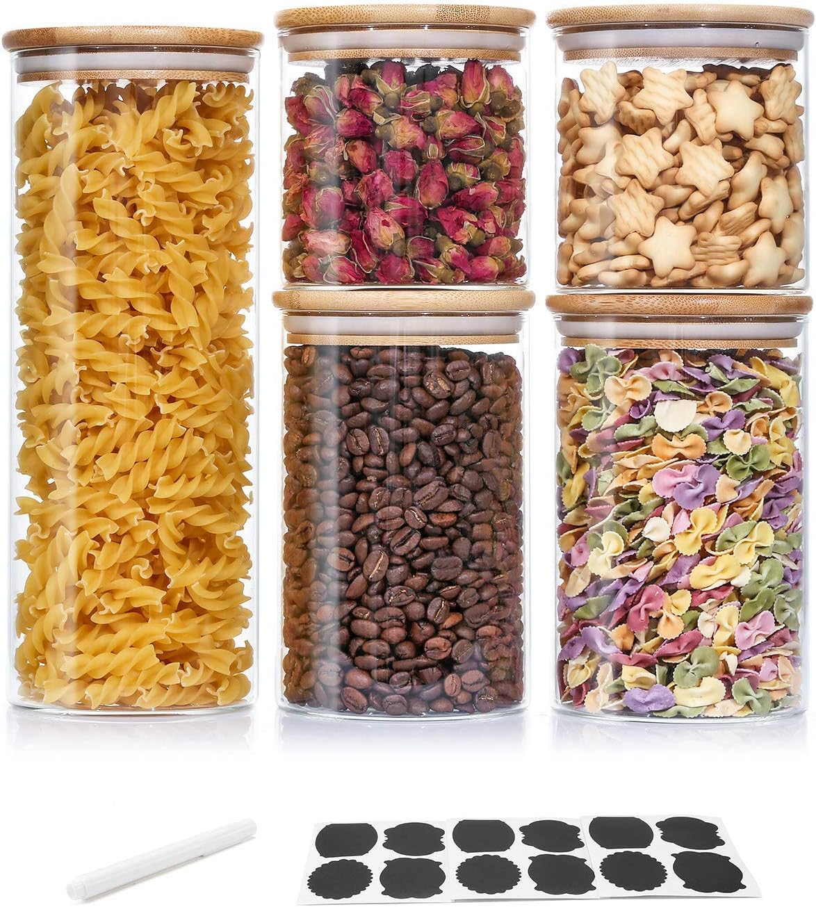 Aitsite Glass Jars, Hermetic Jar with Bamboo Lid, Set of 5 Pcs Storage ...