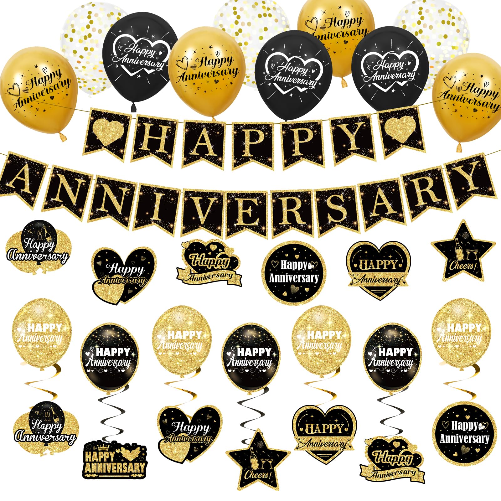 Amazon.com: Black Gold Happy Anniversary Decorations Men Women Happy ...