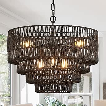 YOMECOO 19.7" Black Rattan Chandelier Vintage 6-Lights Farmhouse Boho ...