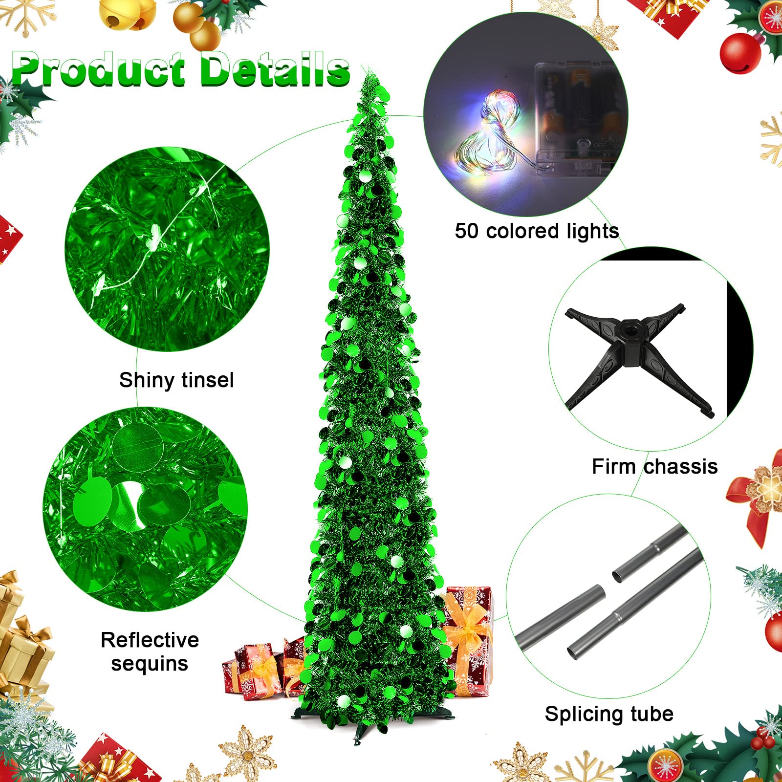 Snapklik.com : Aoriher 5 Ft Pre-lit Pop Up Green Christmas Tinsel Tree ...