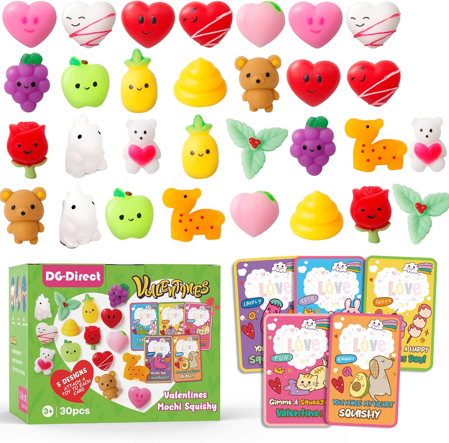 DG-Direct 30 Packs Valentine's Day Cards with kawaii mochi squishy Toys ...
