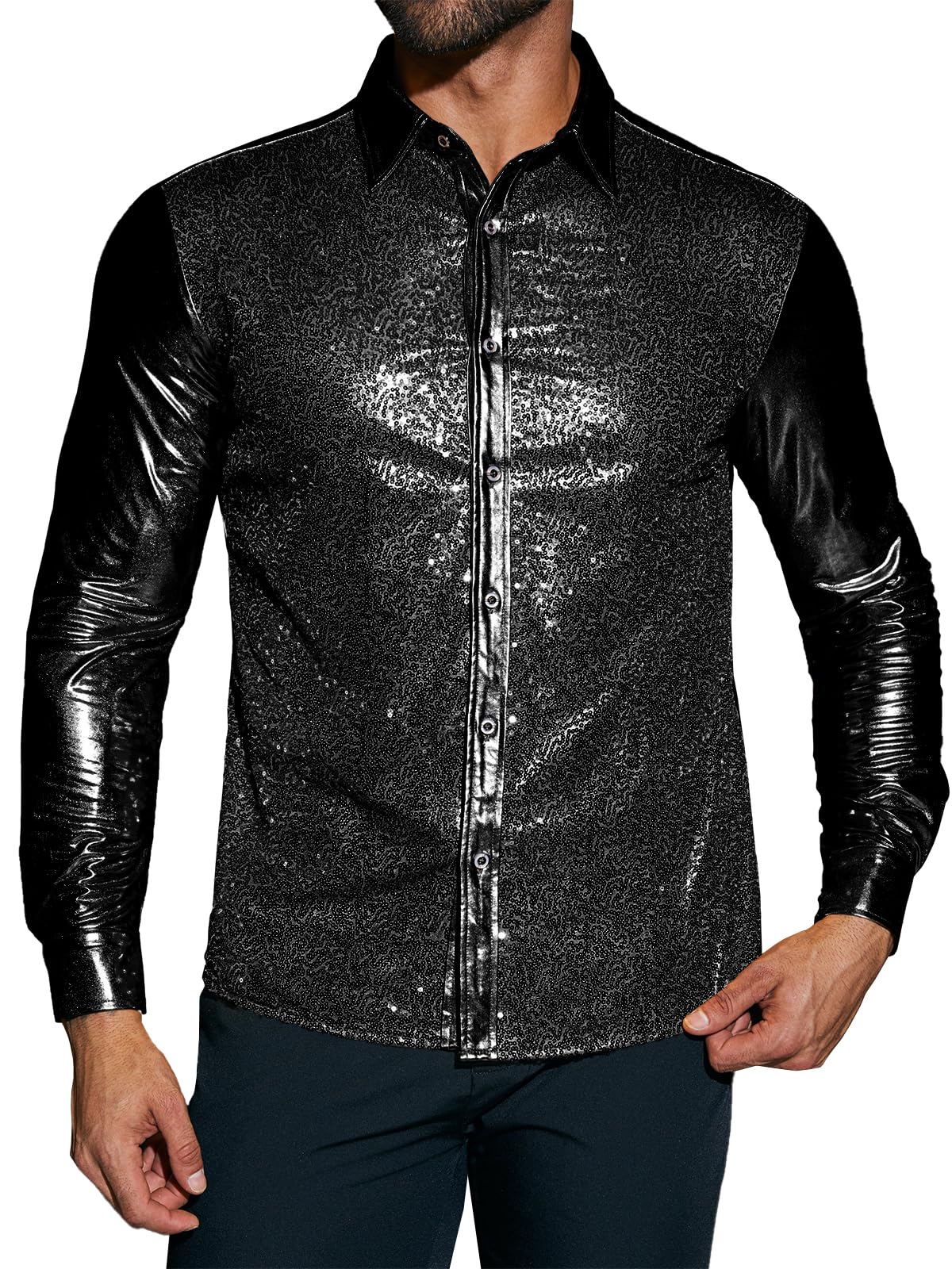 Runcati Men 70s Metallic Shirts Long Sleeve Disco Button Down Slim Fit ...
