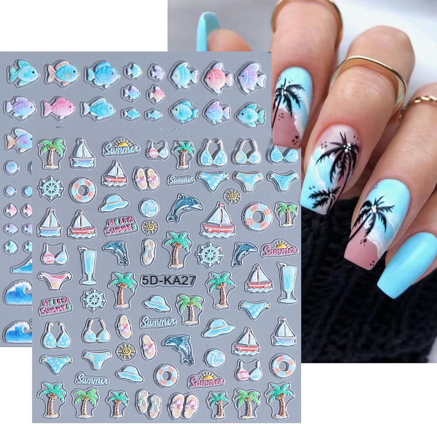 Amazon.com: Summer Nail Stickers 5D Embossed Ocean Nail Decals Beach ...