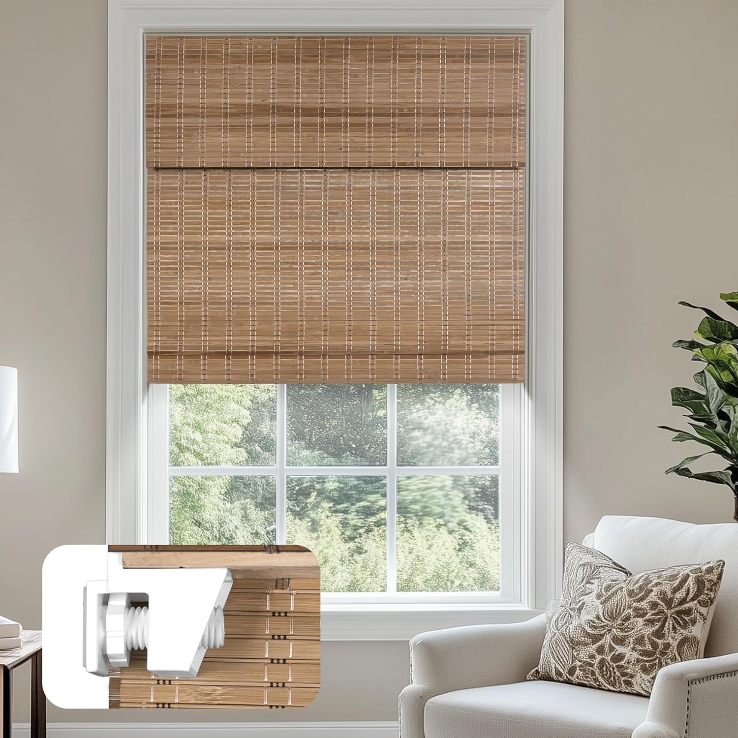 SEEUNANA No Drill Blinds for Windows, Bamboo Roman Shades with Valance ...