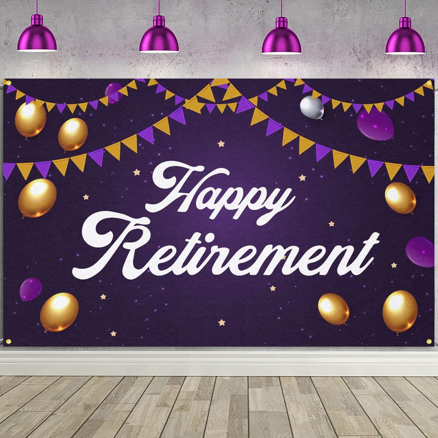 Amazon.com : Happy Retirement Party Backdrop Purple and Gold Congrats ...