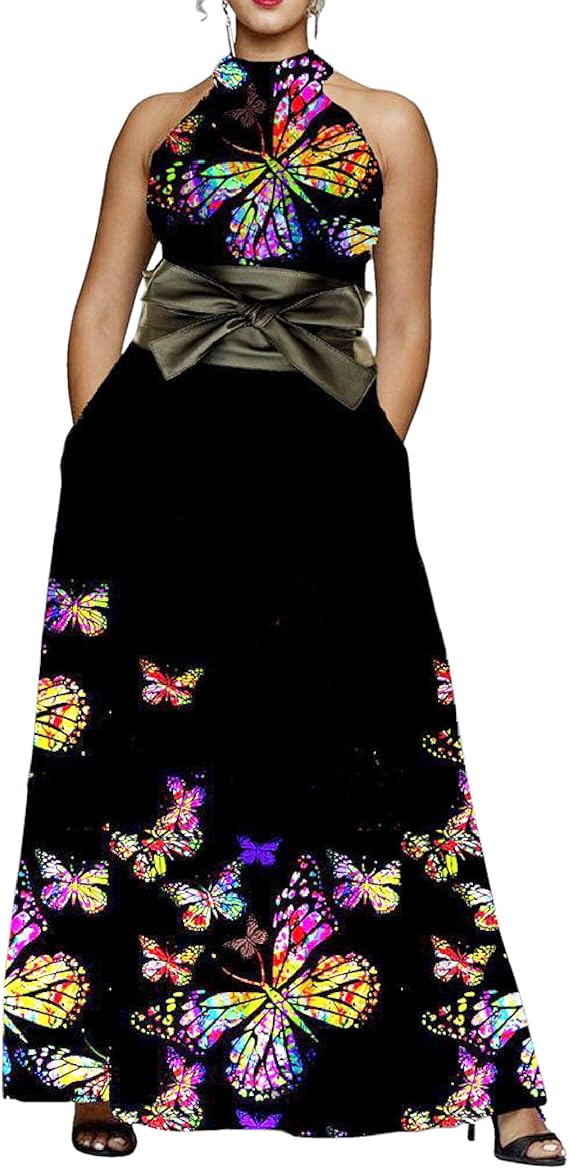 VERWIN Floor Length Lace-Up High Waist Stand Collar Sleeveless Women's ...