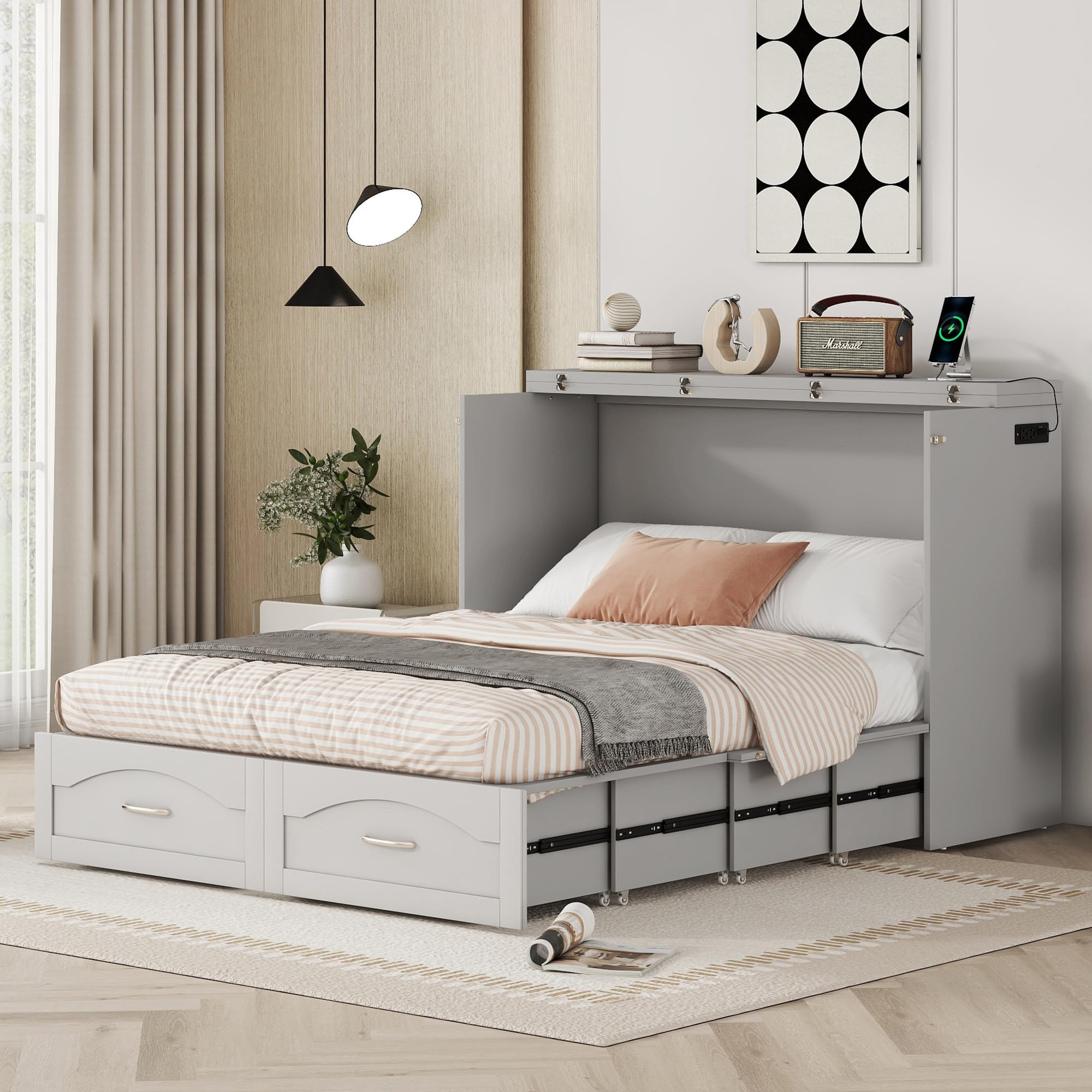 Amazon.com: Merax Murphy Bed Cabinet Full Size with Storage, Wood ...