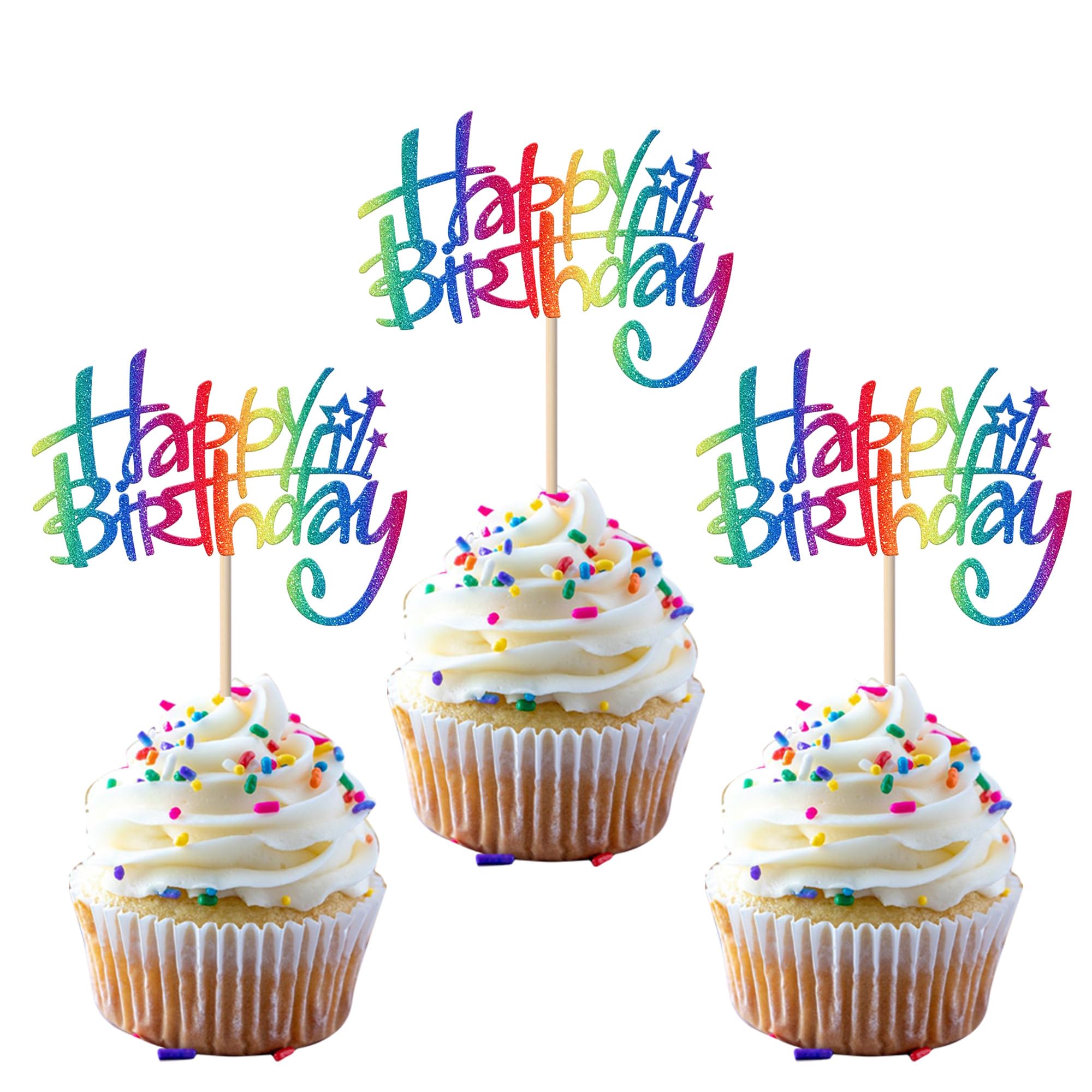 Amazon.com: Rsstarxi 24 Pack Rainbow Happy Birthday Cupcake Toppers ...