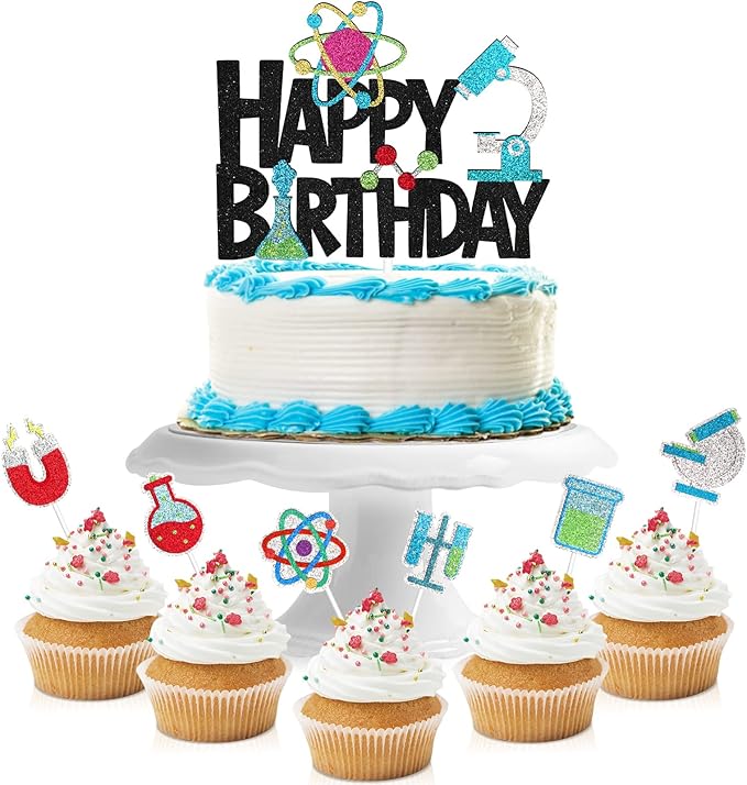 Amazon.com: 7 pcs Science Happy Birthday Cake Topper - Mad Science ...