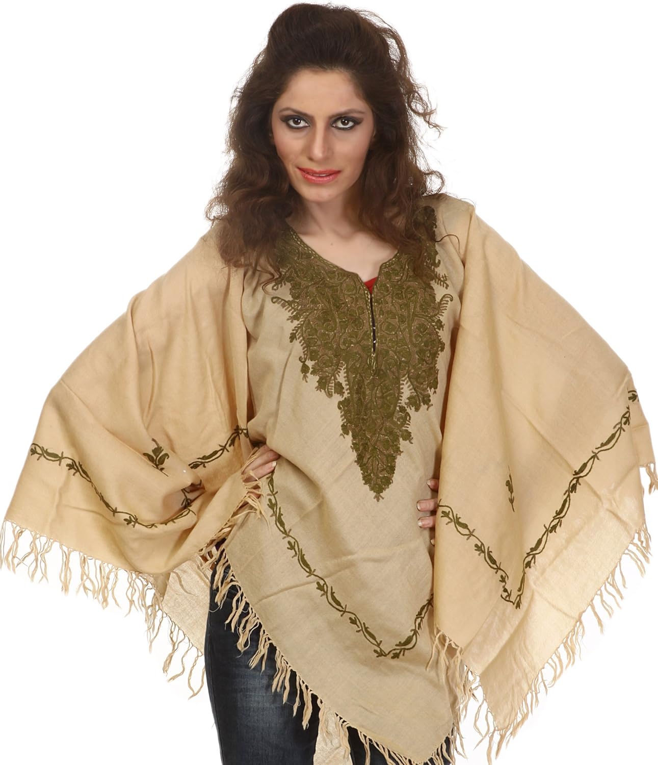 Amazon.com: Exotic India Beige Poncho with Ari Embroidery by Hand on ...