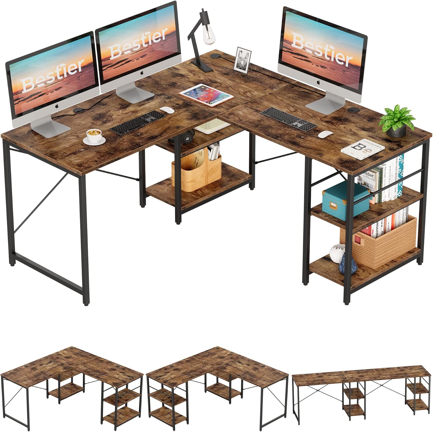 Amazon.com: Bestier L Shaped Desk with Shelves 95.2 Inch Reversible ...