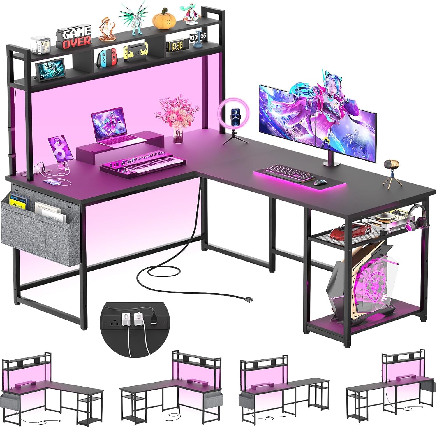 Amazon.com: Besiost L Shaped Gaming Desk with LED Lights & Power ...