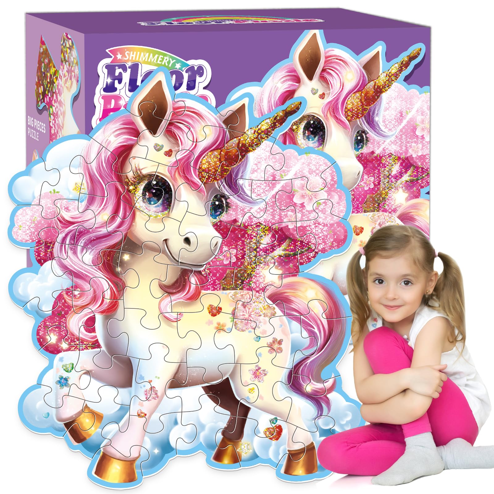 Amazon.com: 45pcs Shimmery Unicorn Floor Puzzles for Kids Ages 3-5 ...