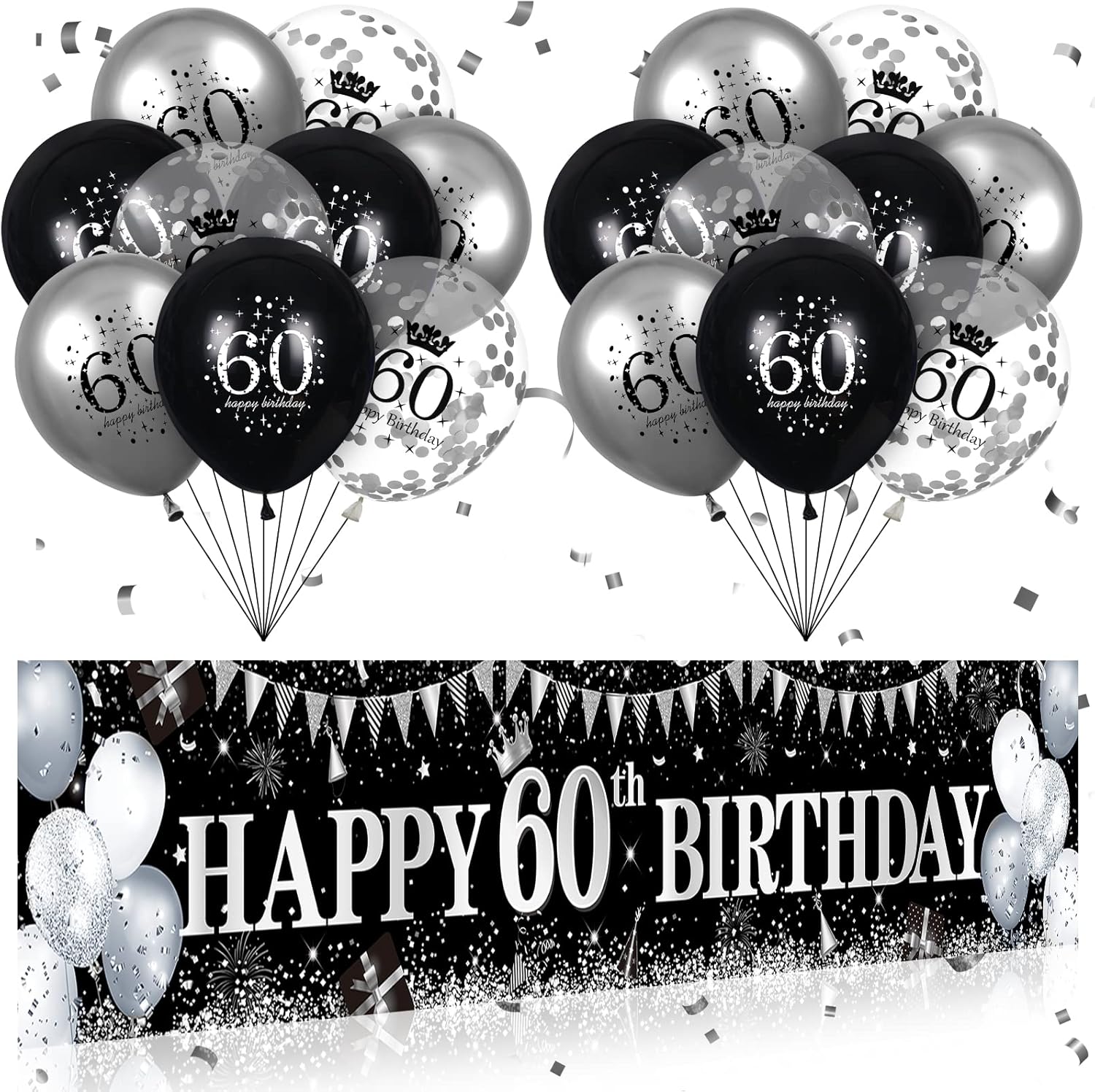 Amazon.com: Happy 60th Birthday Decorations - Black & Silver Banner ...
