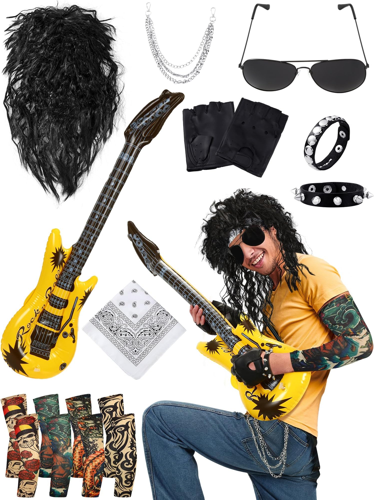 Amazon.com: 80s Rocker Costume Wig Men Hippie Wig with Bandana ...