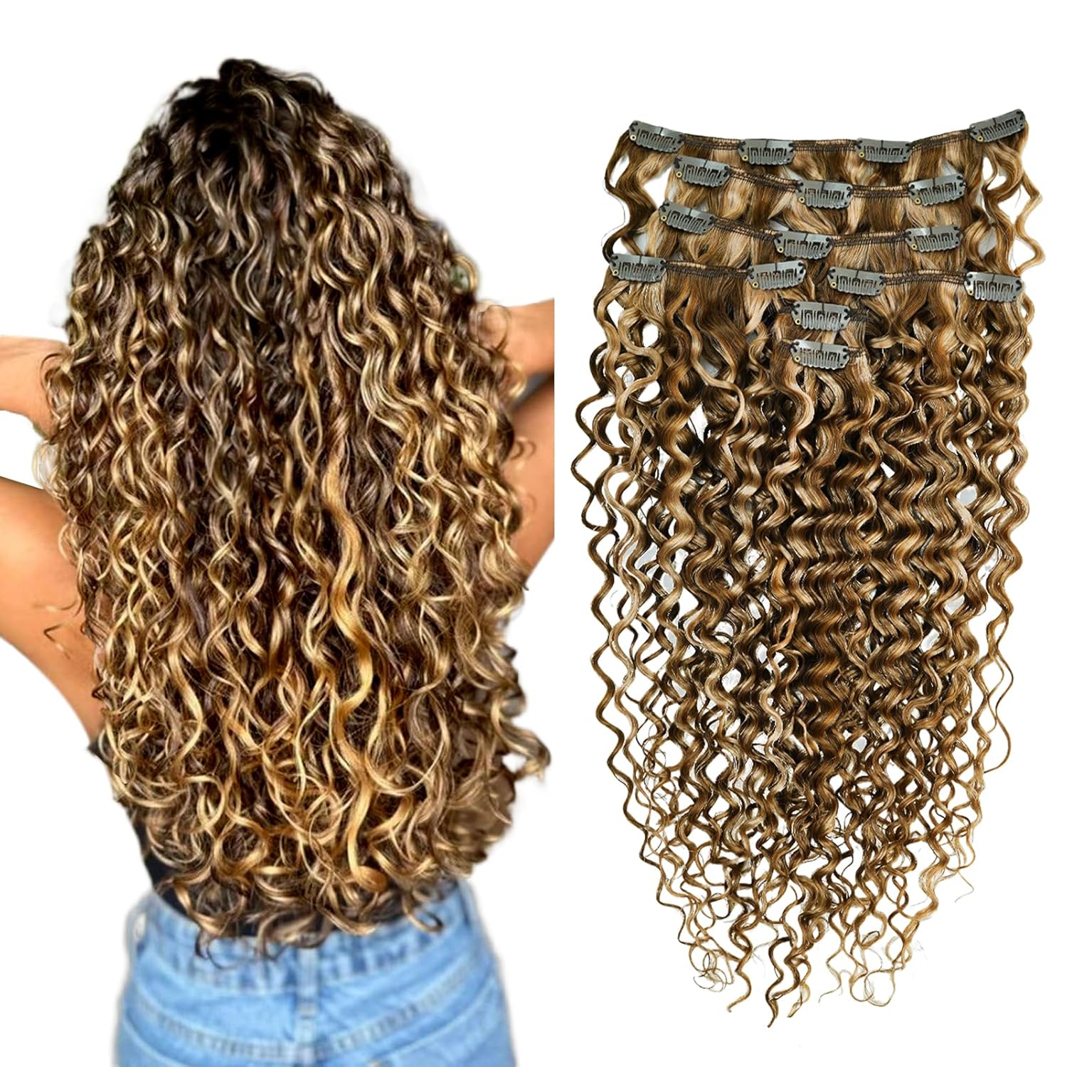 Amazon.com : Hyssiet Curly Human Hair Clip in Extensions 7pcs with 16 ...