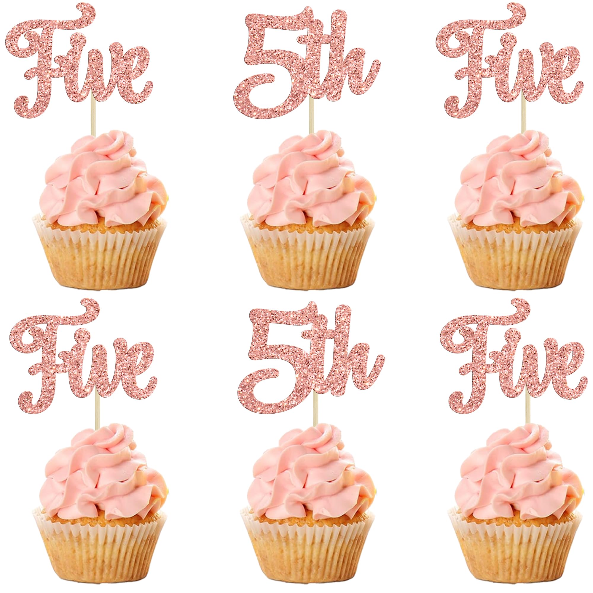 Amazon.com: Gyufise 24Pcs 5th Birthday Cupcake Toppers Rose Gold ...
