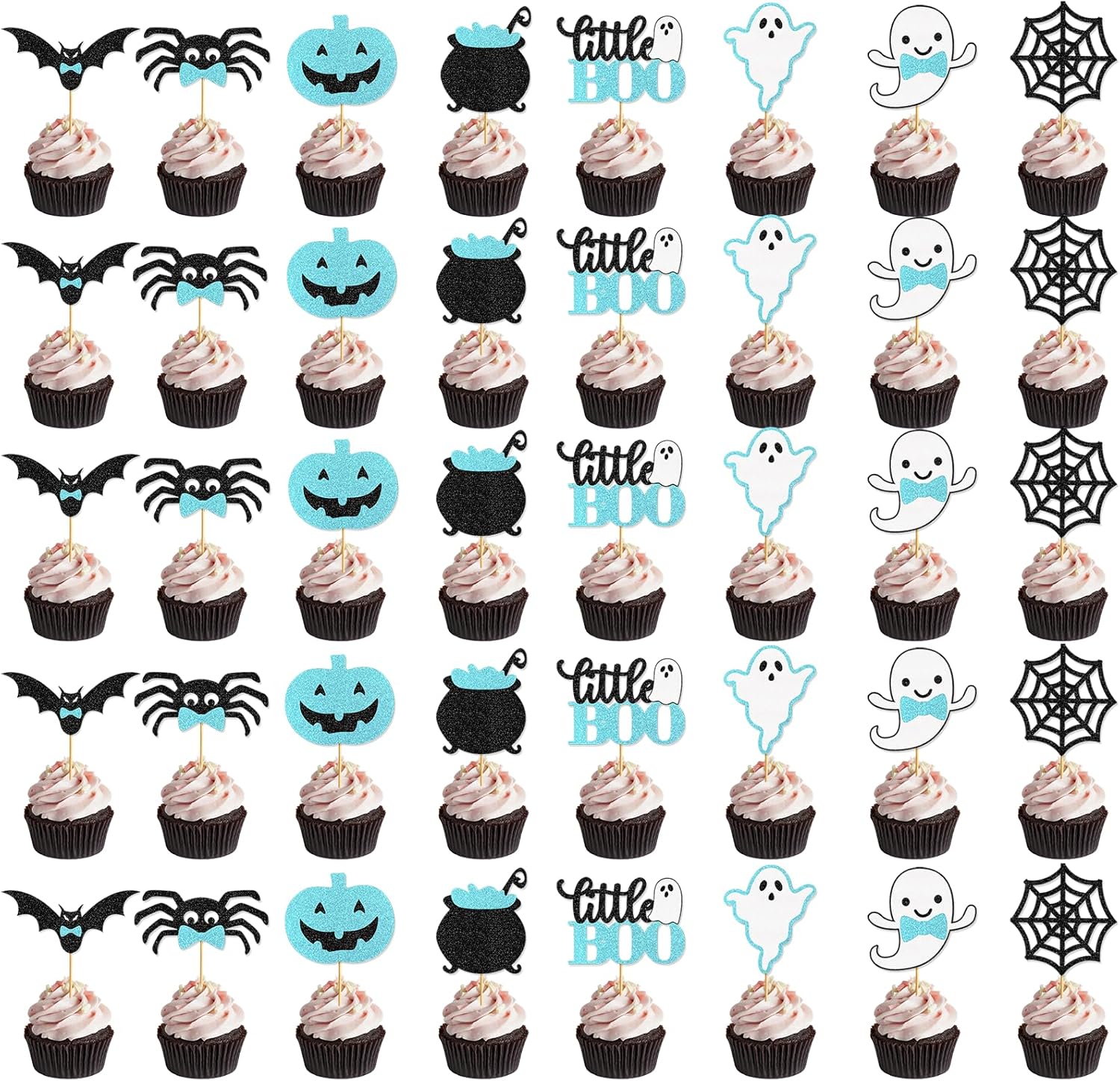 Amazon.com: 40Pcs Little Boo Cupcake Toppers Bule and Black Halloween ...
