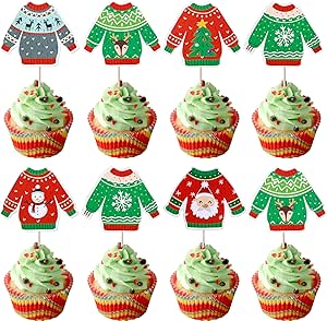 Amazon.com: Rsstarxi 36 Pack Ugly Sweater Cupcake Toppers Deer Santa ...