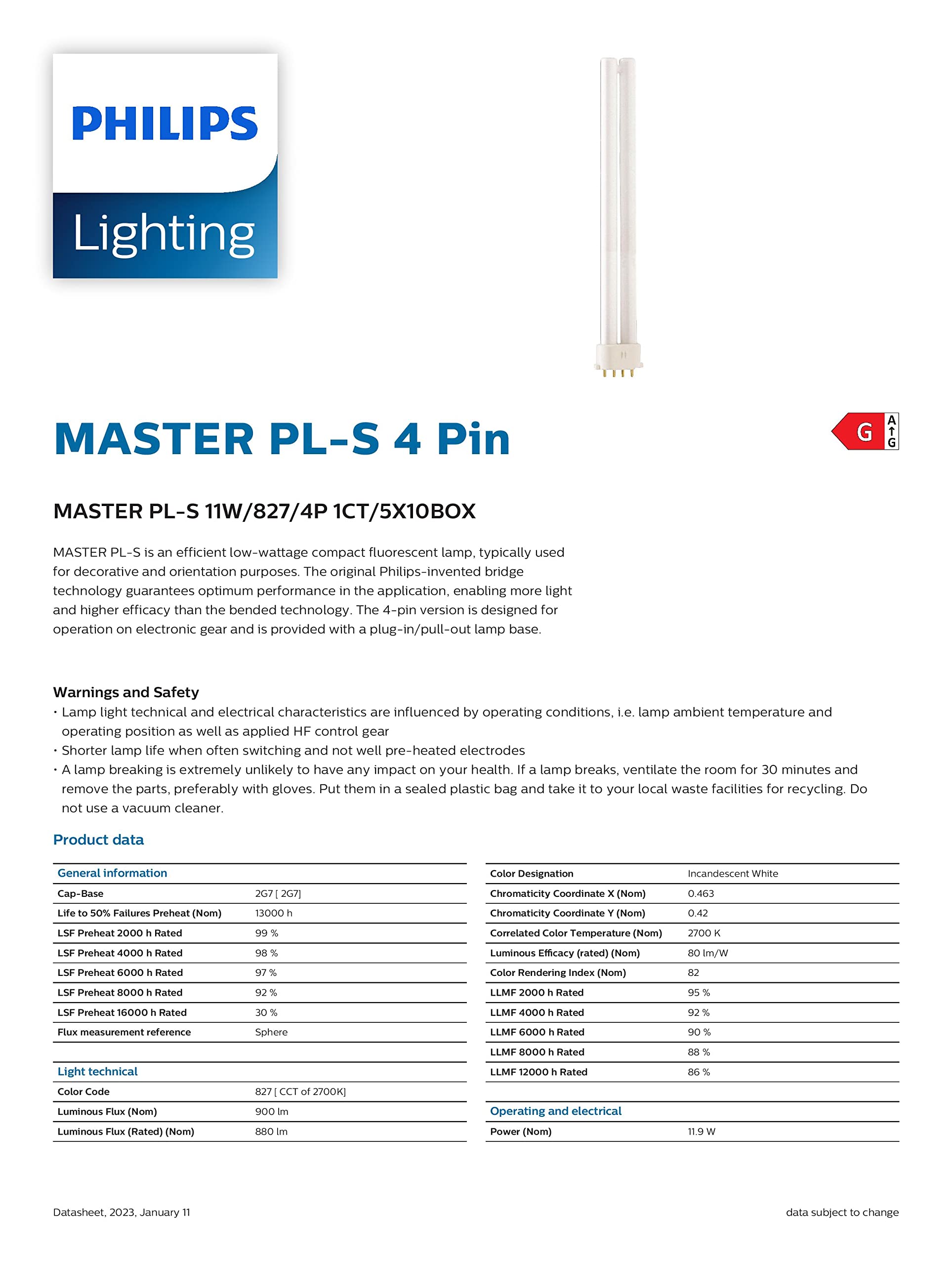 MASTER PL-S 4 Pin 7W 840 Philips 7 Watt 2G7 : Amazon.co.uk: Lighting