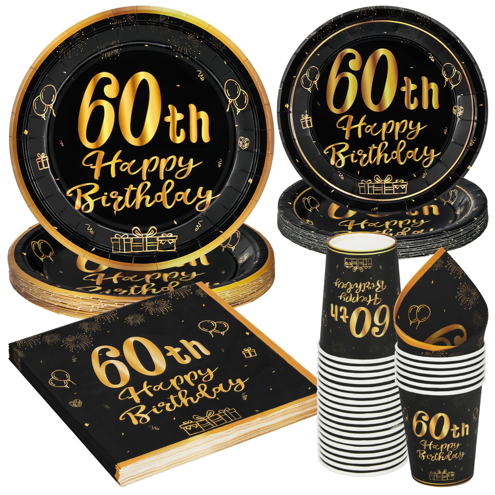 PARTY GO 96 Pcs Happy 60th Birthday Tableware Set, Black and Gold Paper ...